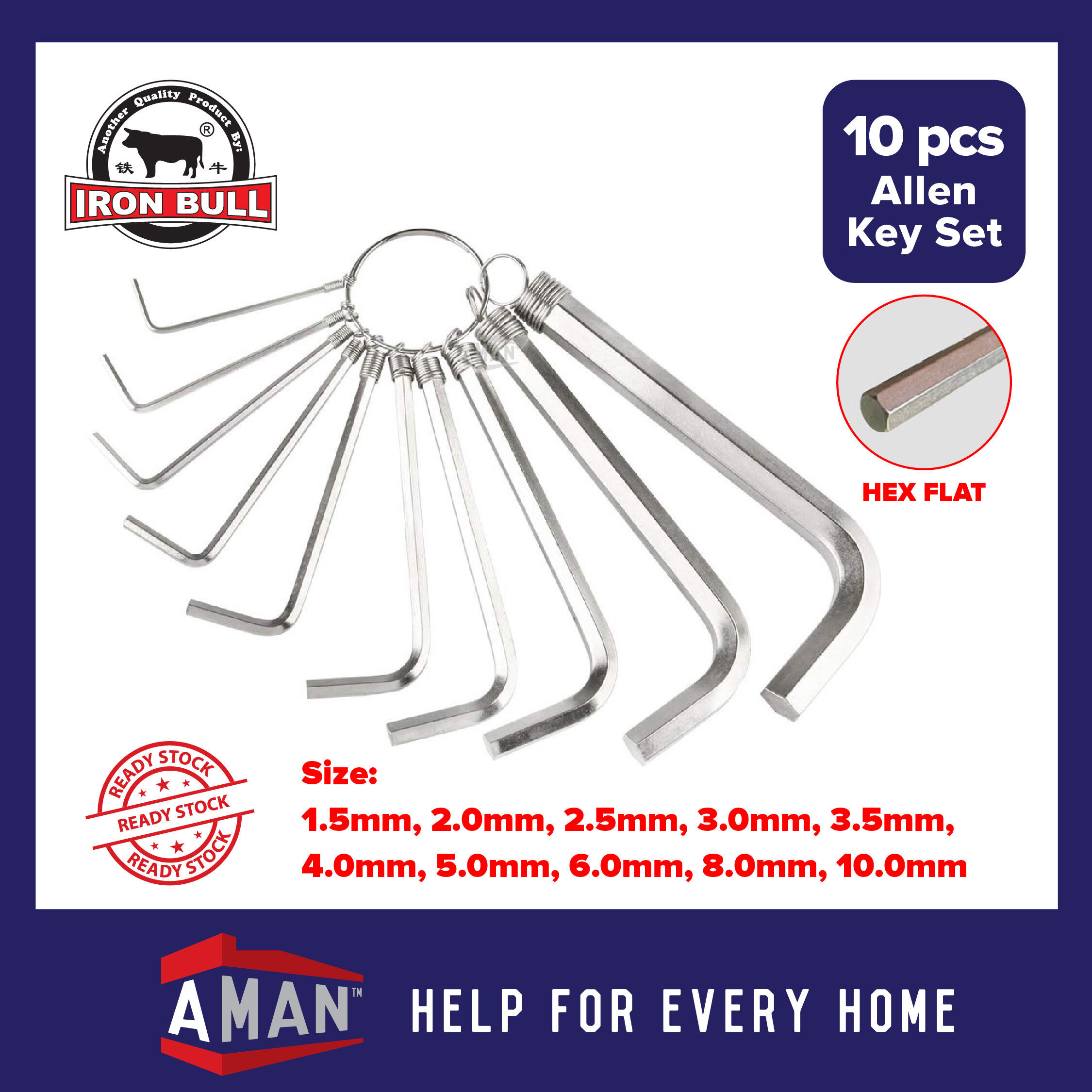 IRON BULL 10pcs Hexagon Hex Allen Key Set Flat Hex Wrench Set L Shape ...