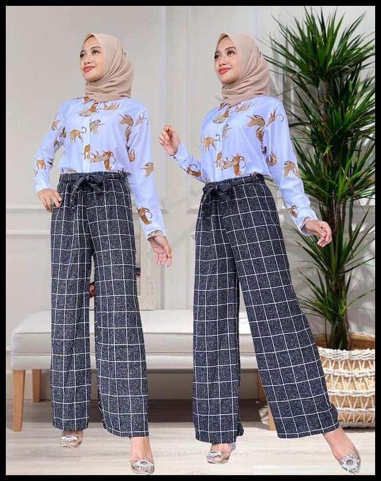 PALAZZO WIDE LEG CHECKED PATTERN WITH RIBBON OFFICE WEAR OUTFIT ...