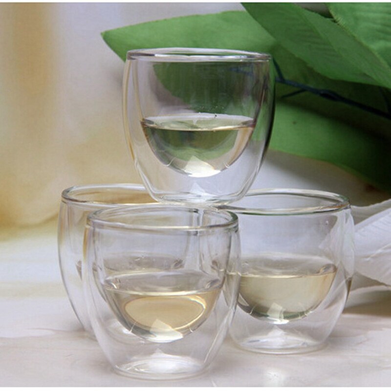 4Pcs 80ML Double Wall Glass Cup Transparent Handmade Heat Resistant Tea Drink Cups MINI Whisky ...