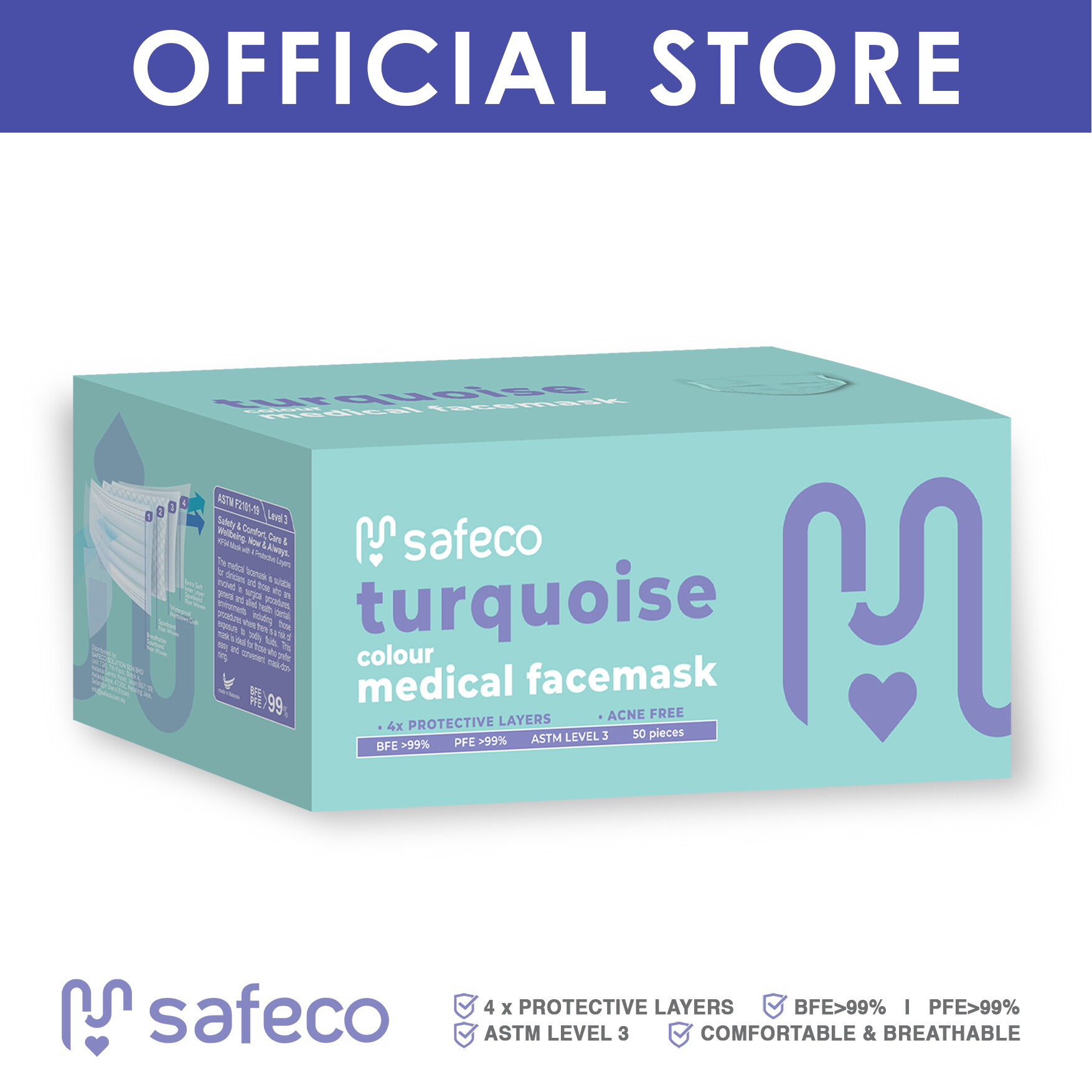 Safeco Turquoise Disposable 4ply (50pcs/box) | Lazada