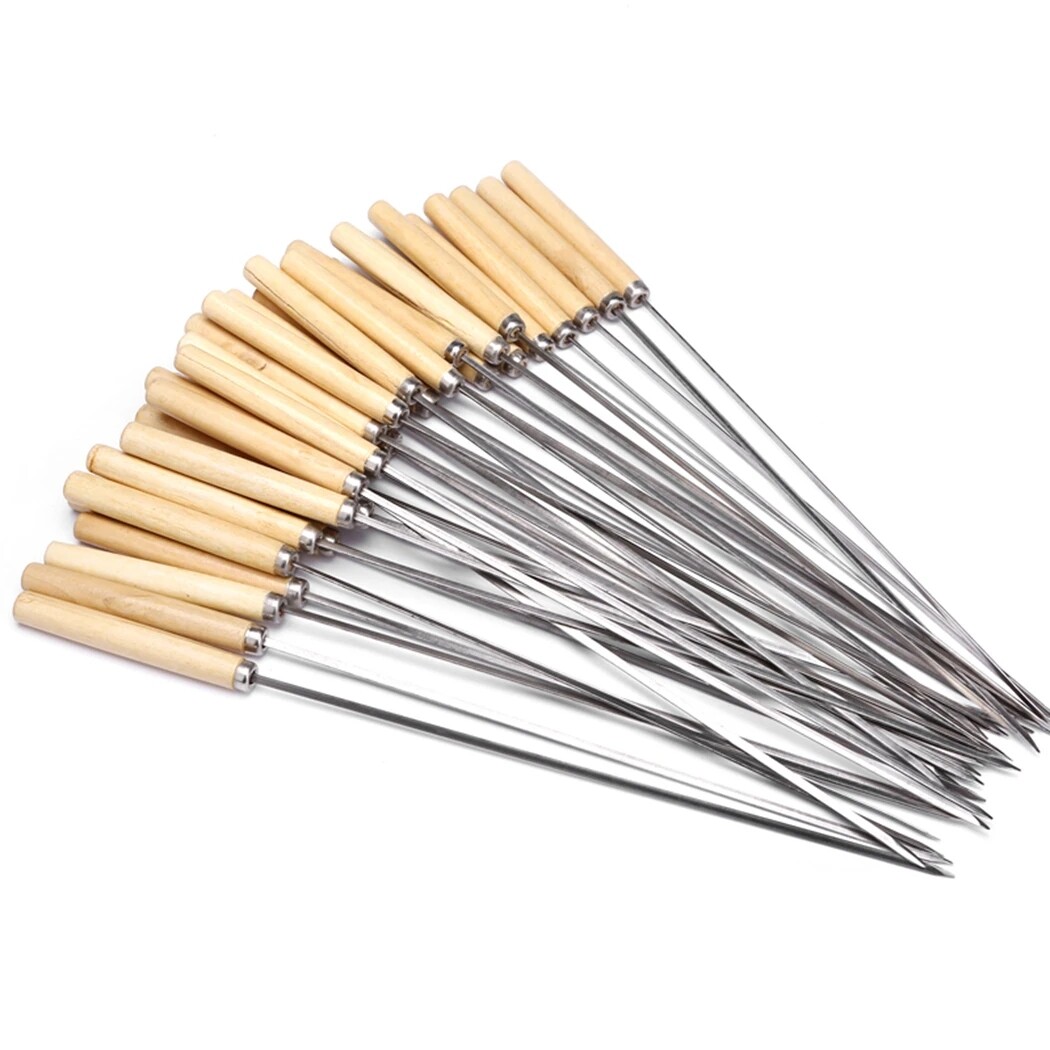 【MLADEN】 10/20 PCS BBQ Skewers Reusable Stainless Steel Wooden Handle ...