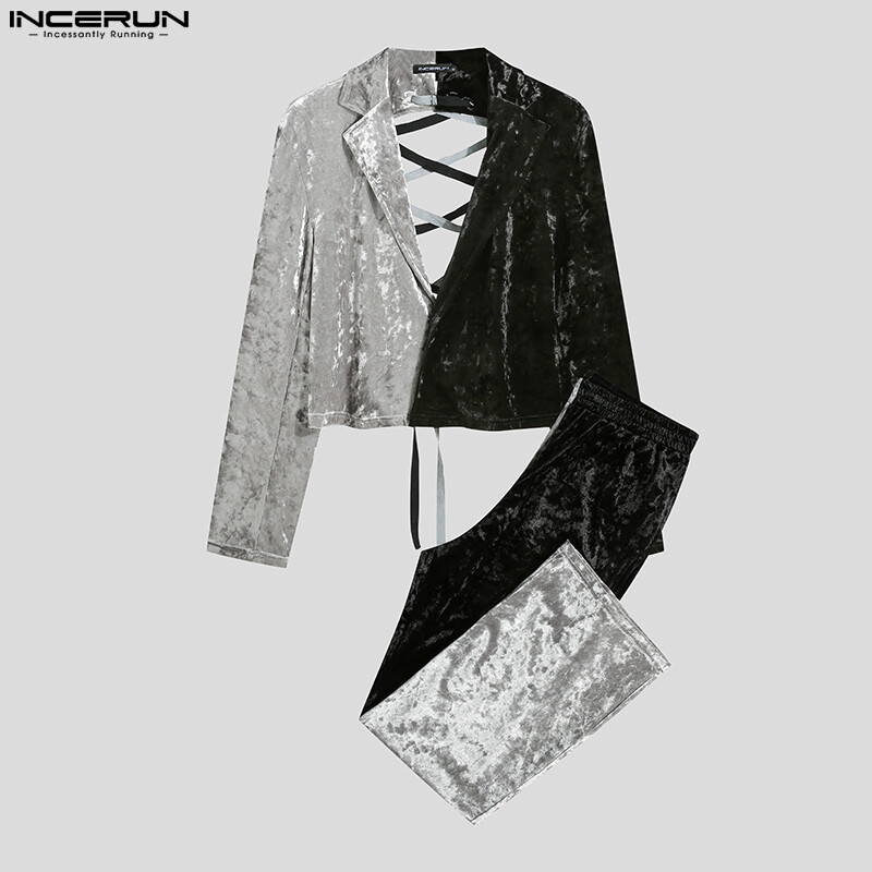 INCERUN Mens Vintage Blazer Suits Patchwork Backless Coats & Flared ...