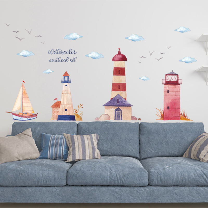 Wallpaper watercolor lighthouse children's room kindergarten classroom ...