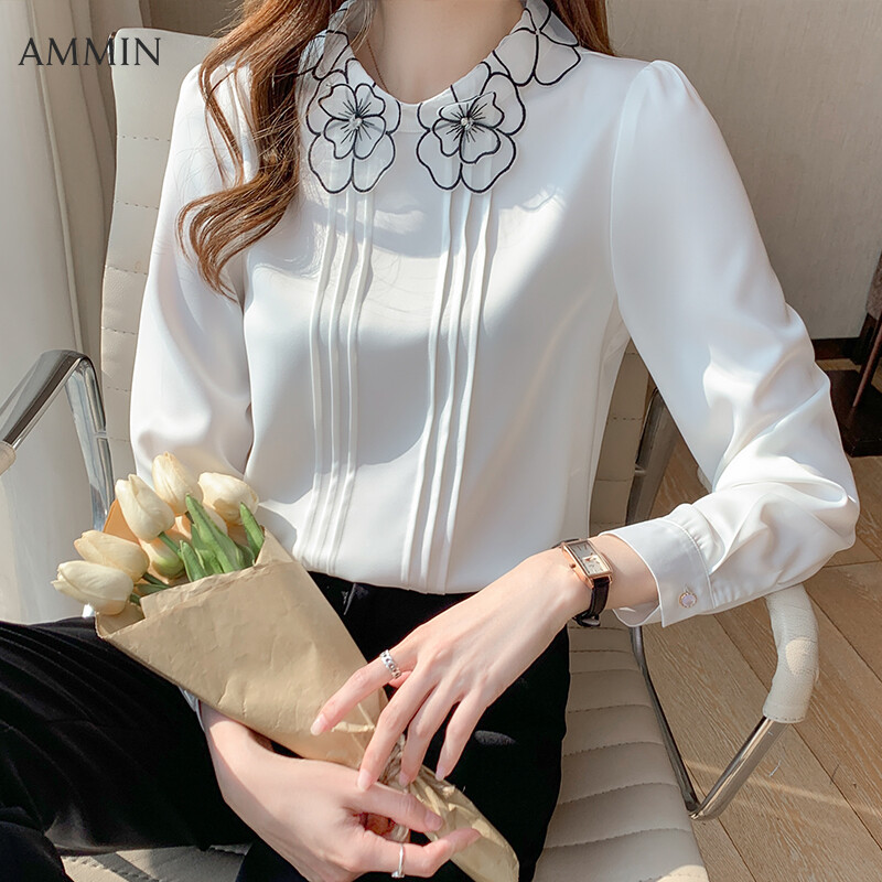 Ammin Tops 2021 Autumn New Organ Pleated Style V Neck White Elegant