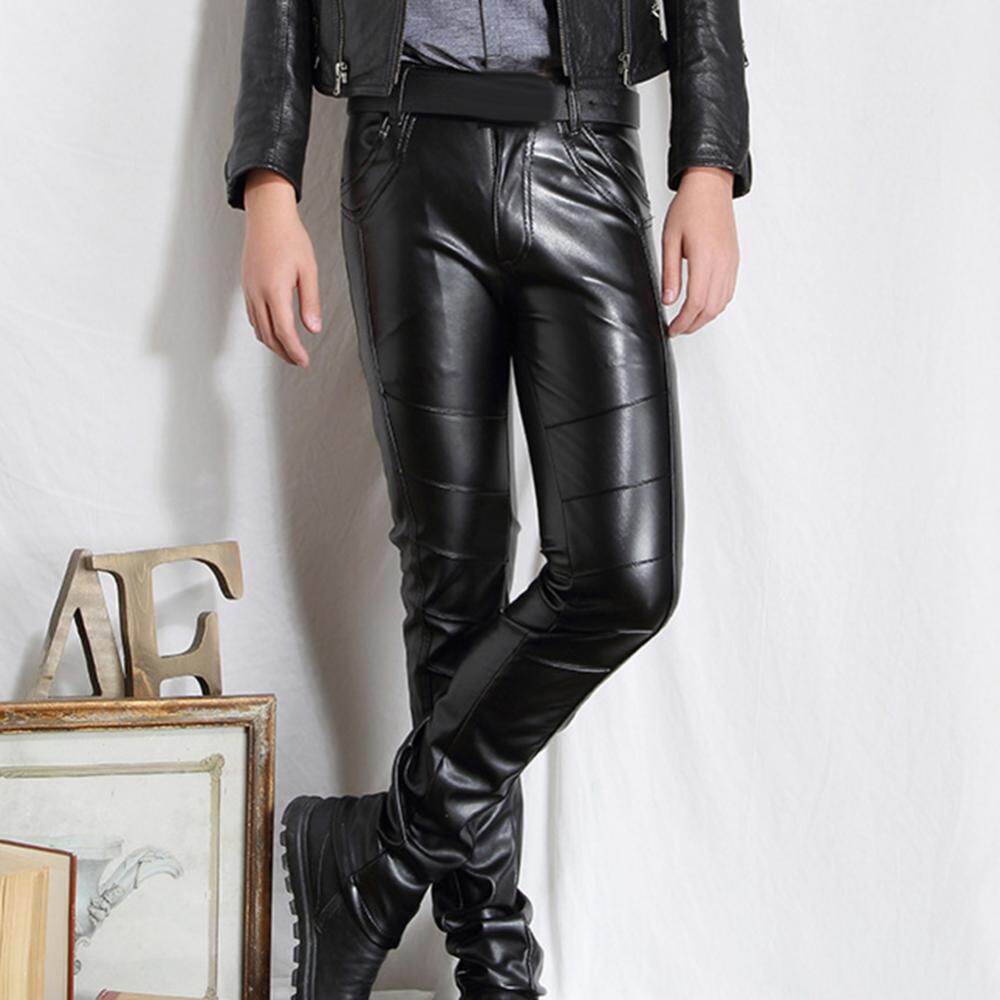 2021 New Men's Pants Solid Color Faux Leather Multi Pockets Skinny ...