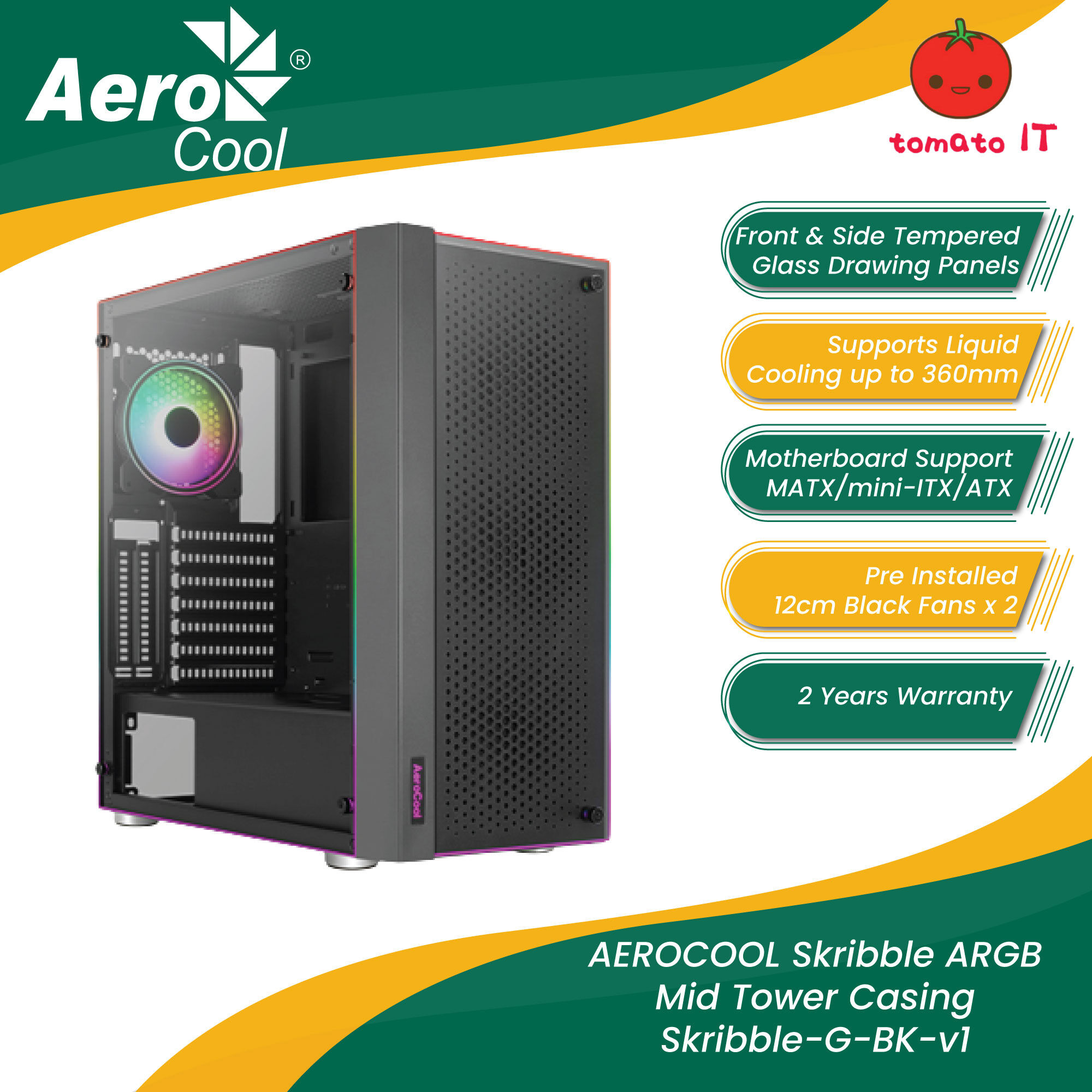 AEROCOOL Skribble ARGB Mid Tower Casing - SKRIBBLE-G-BK-v1 | Lazada