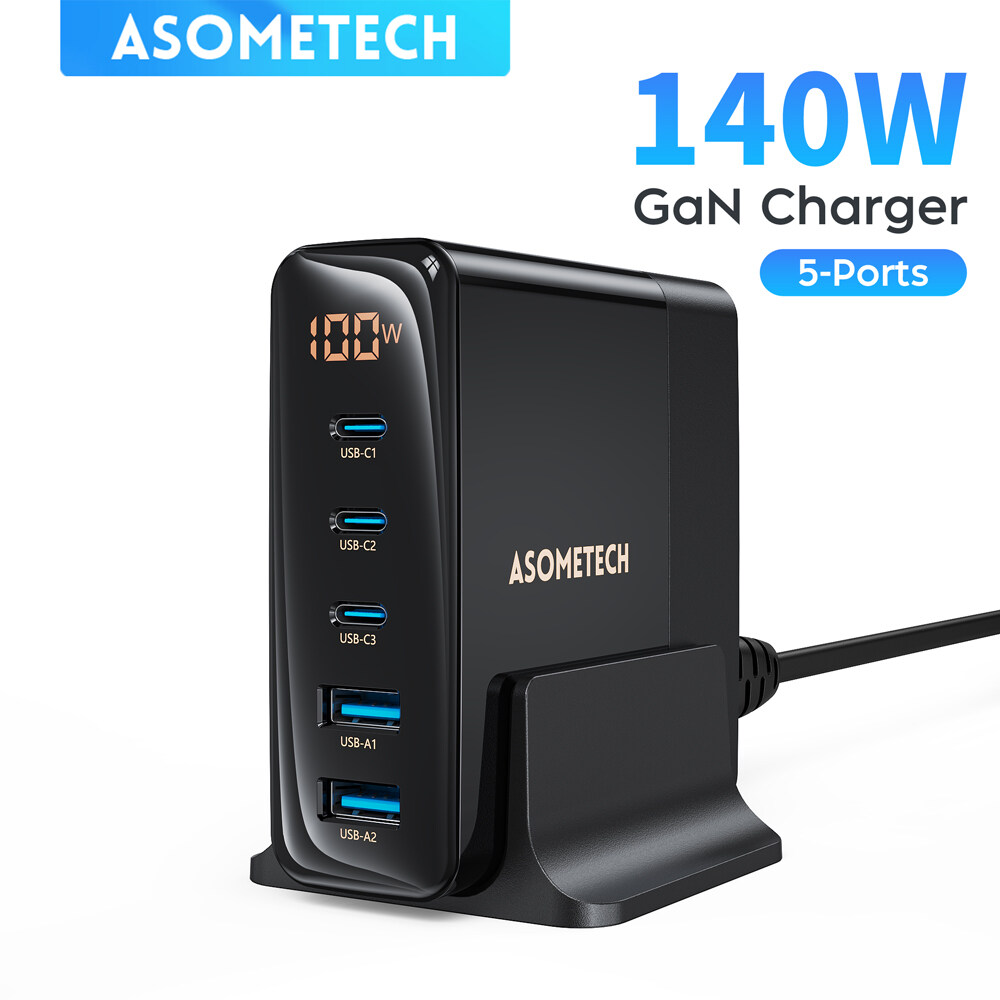 ASOMETECH 140W GaN Power Adapter 5 Ports Laptop USB Type C Quick Charge ...
