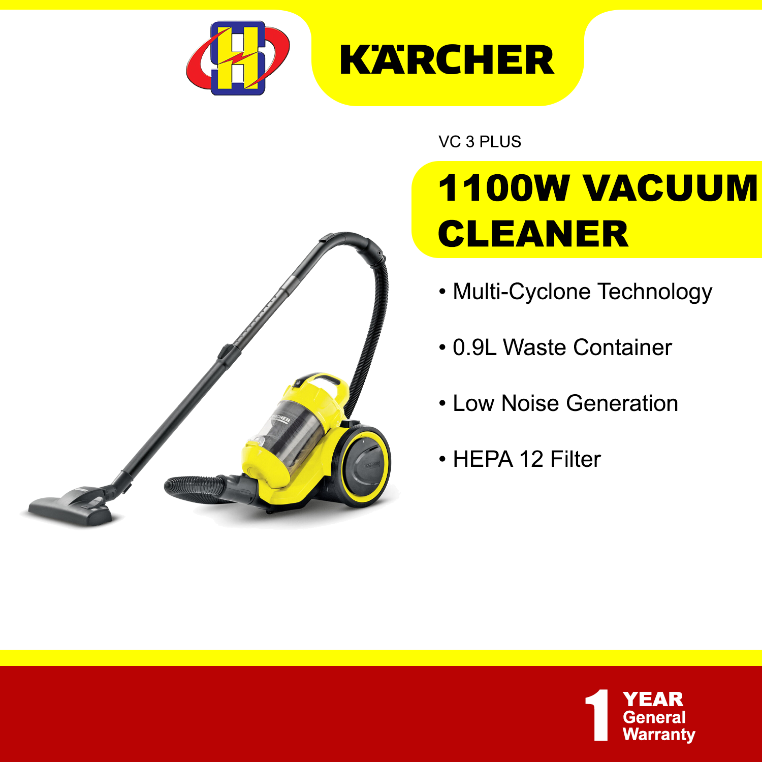 Karcher Vacuum Cleaner (1100W/0.9L) HEPA 12 Filter Multi-Cyclone Bagless Vacuum VC 3 PLUS / VC3 ...