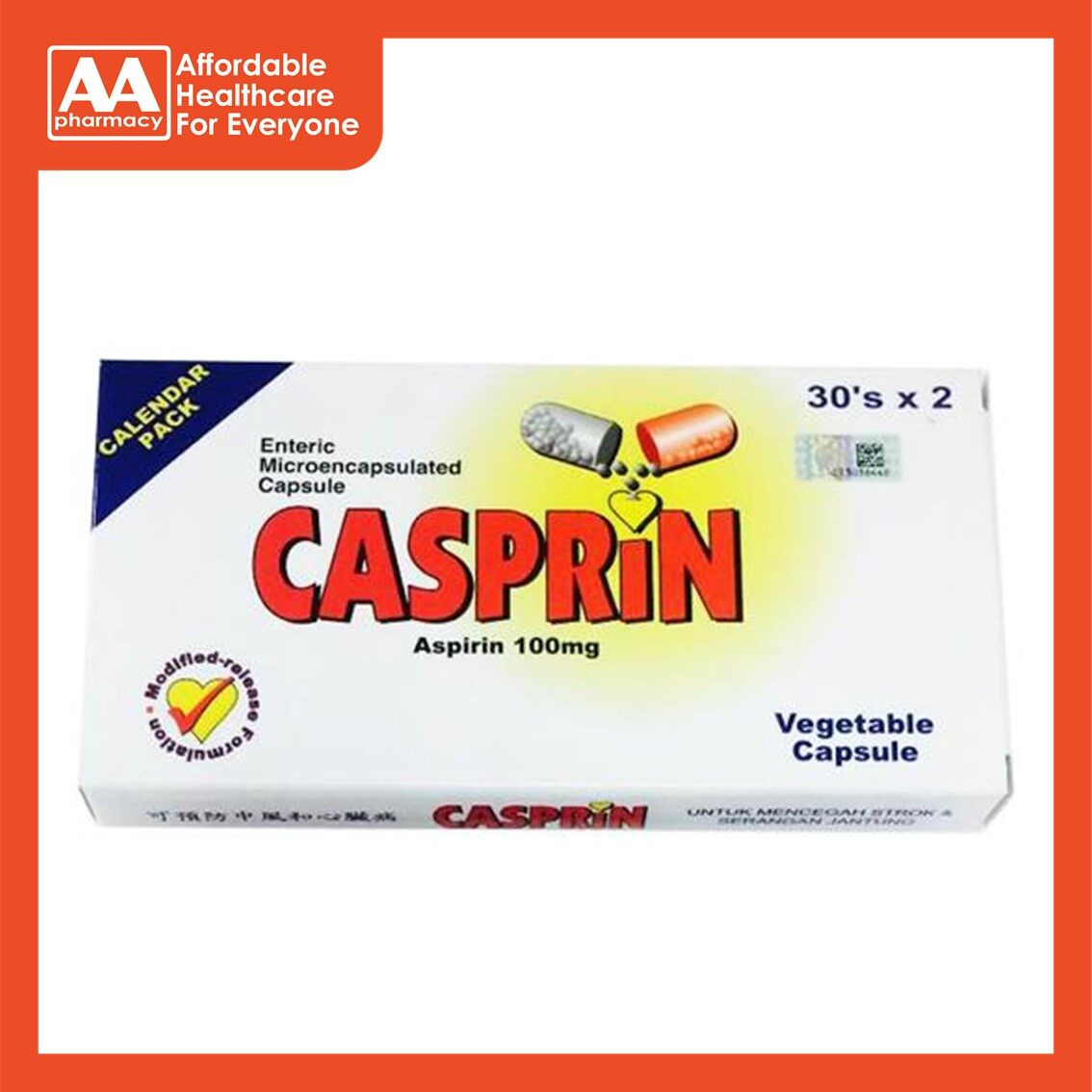 CASPRIN (ASPIRIN 100MG) ENTERIC MICROENCAPSULATED CAPSULE 30'S+30'S | Lazada