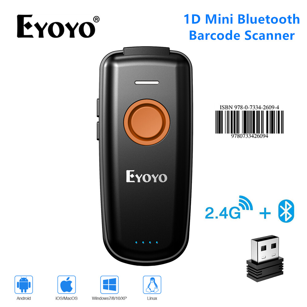 Eyoyo เครื่องสแกนบาร์โค้ดบลูทูธขนาดเล็ก1D,ไร้สายพร้อมปุ่มเปิด/ปิดปุ่ม ...