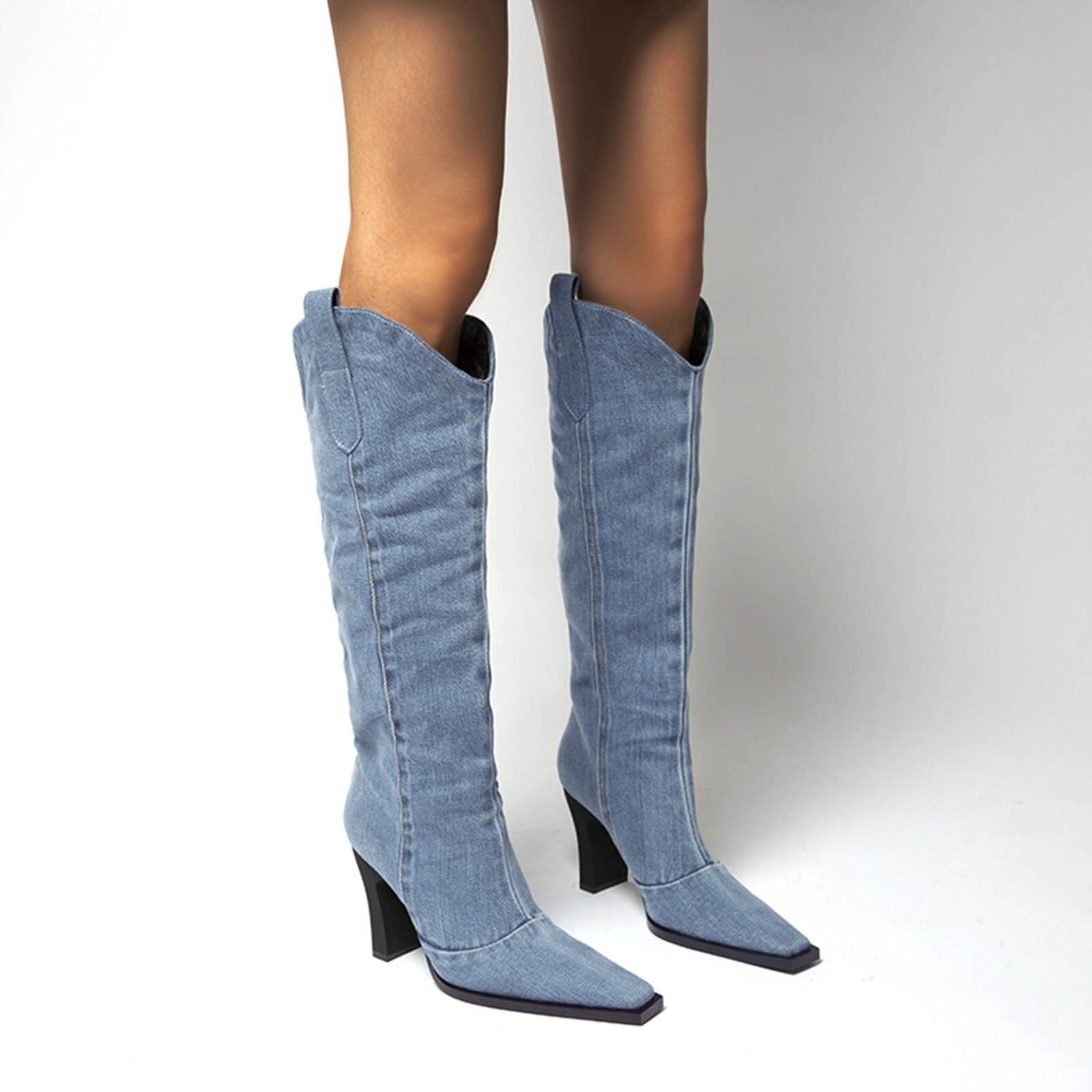 KIO Ready Stock Fashion Pointed Toe High Boots Thick Heel Thin Denim ...
