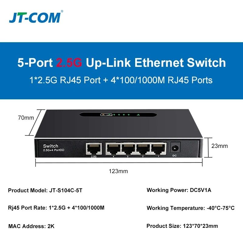 JT-COM 4-Port Ethernet Switch Gigabit with 1 Port uplink 100m/1000m/2 ...