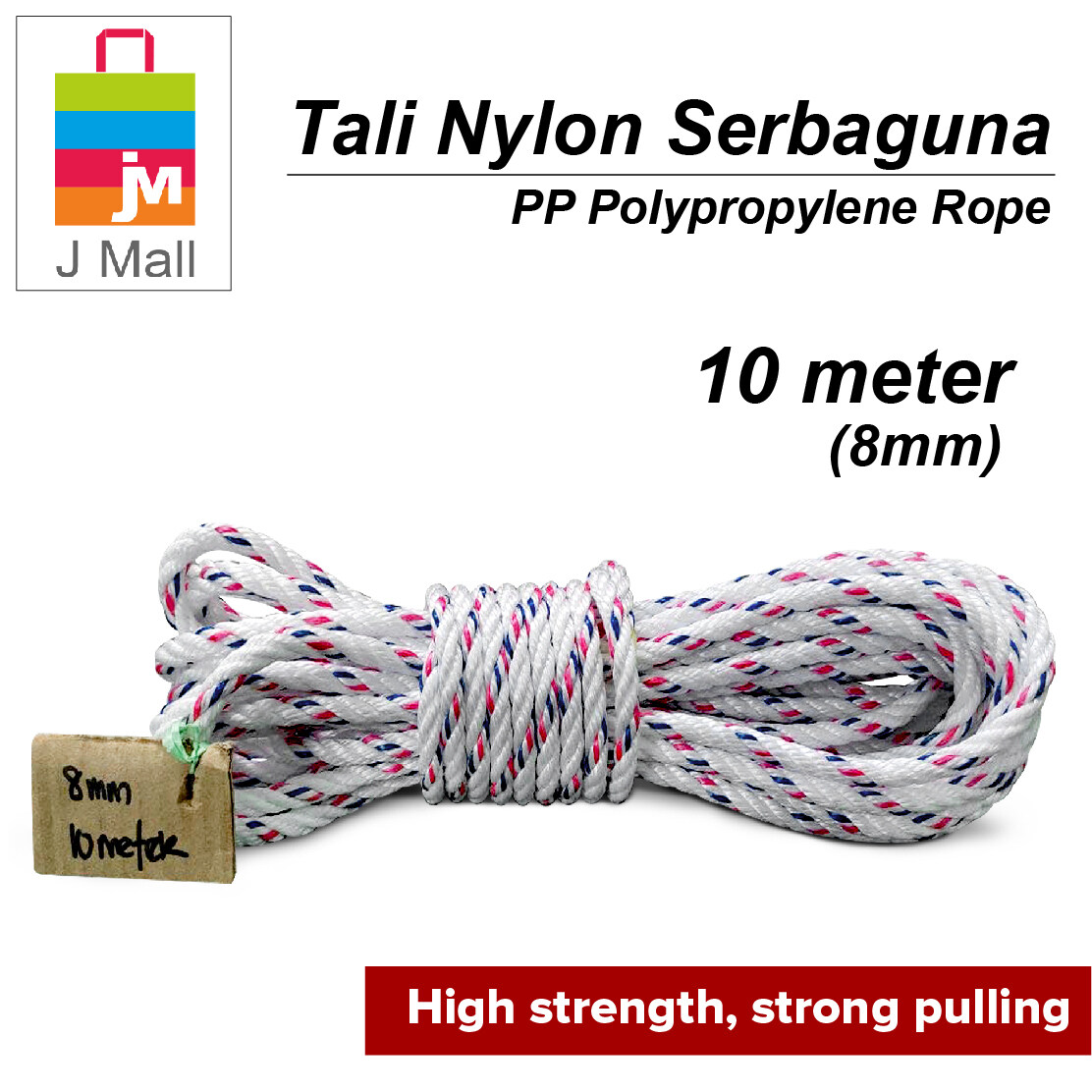 J MALL 10 Meter (8mm) PP Polypropylene Nylon Rope / Tali Nylon Putih ...