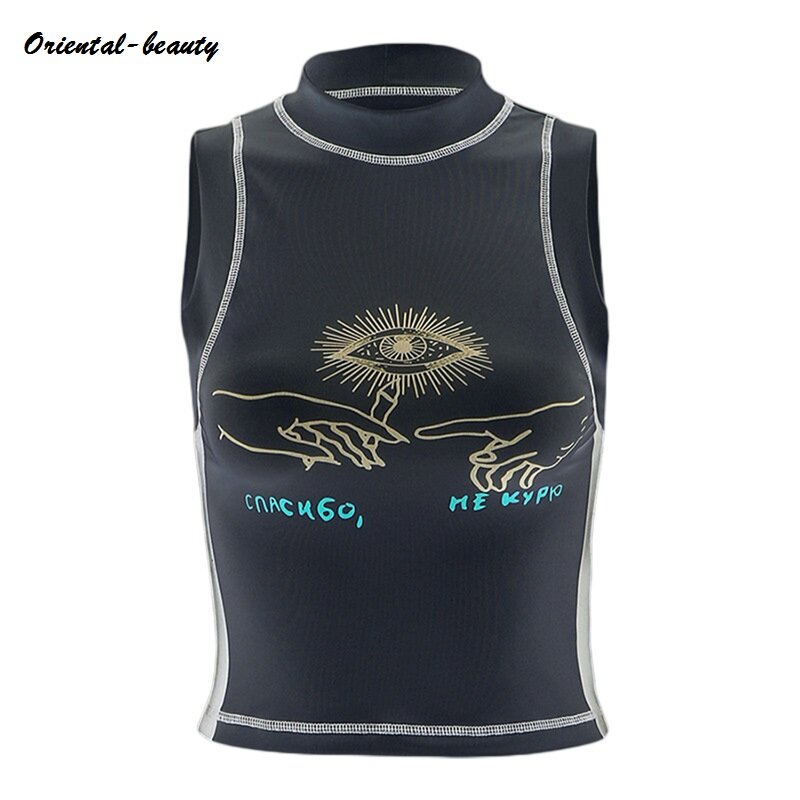 ♡Oriental-Beauty Chic Cargo Tank Tops นิ้วมือตาพิมพ์ครึ่งแขนกุดคอสูง ...