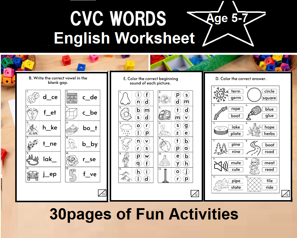 Phonics CVC Words English worksheet long vowel kids activities for ...