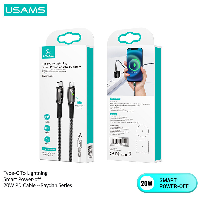USAMS สายชาร์จอัจฉริยะ Type-C ต่อ Lightning,สายชาร์จเร็วสำหรับ iPhone 12 11 Pro Max Ipad Air ...
