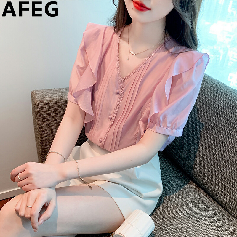 AFEG เสื้อเบลาส์แขนพองคอวีสำหรับผู้หญิง,เสื้อเบลาส์แขนพองแบบหลวมมีขอบ ...