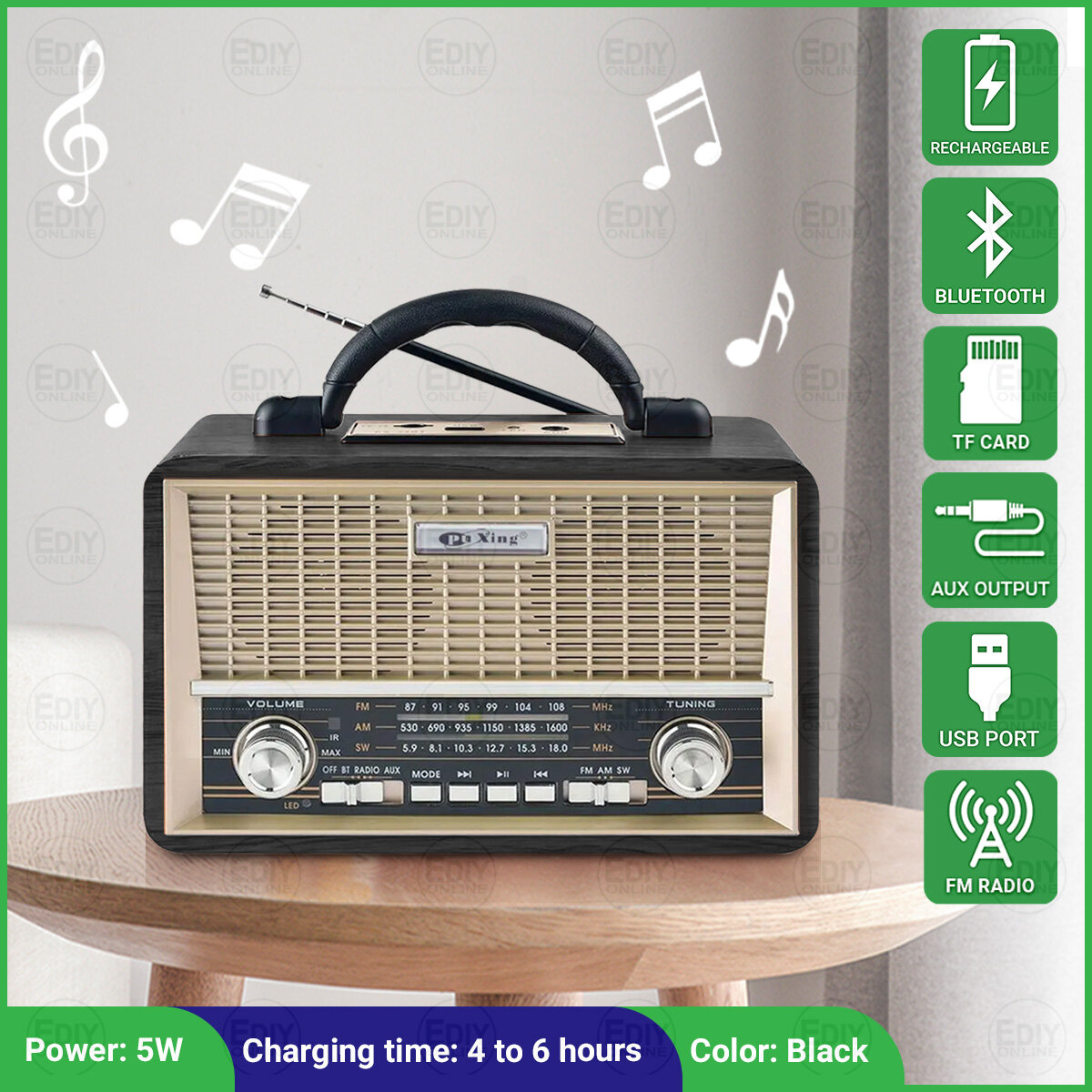 PU XING Classical Antique Vintage Retro FM Radio Rechargeable Bluetooth ...