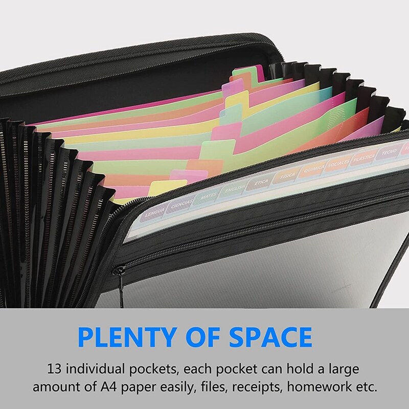 Color File Folder with Zipper,13Pocket Expandable File Holder,A4 Letter ...