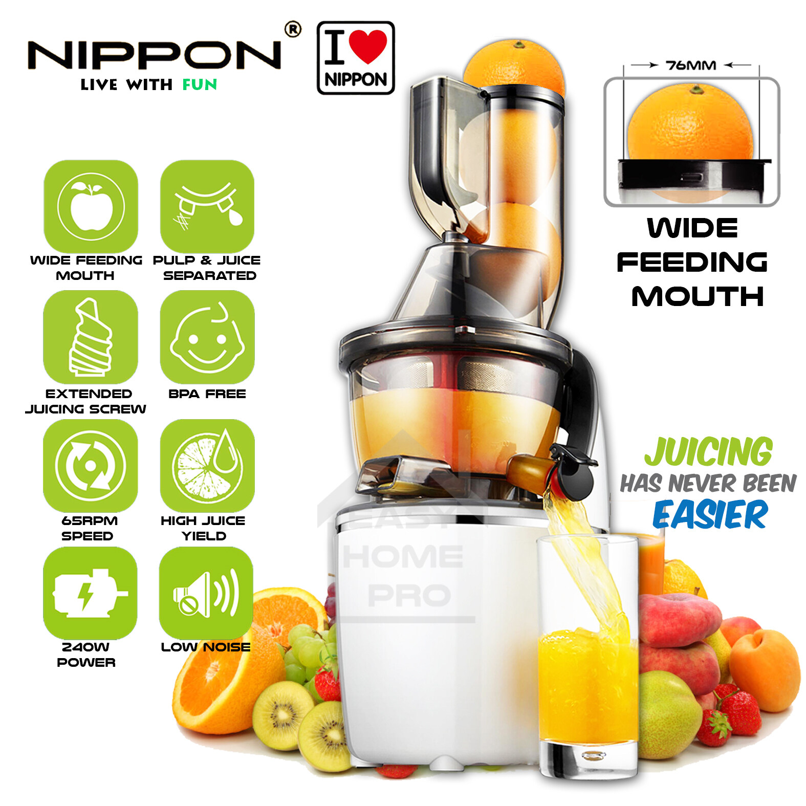 NIPPON NSJ-A240 240W Whole Fruit Slow Juicer with XL Feeding Tube Fruit ...