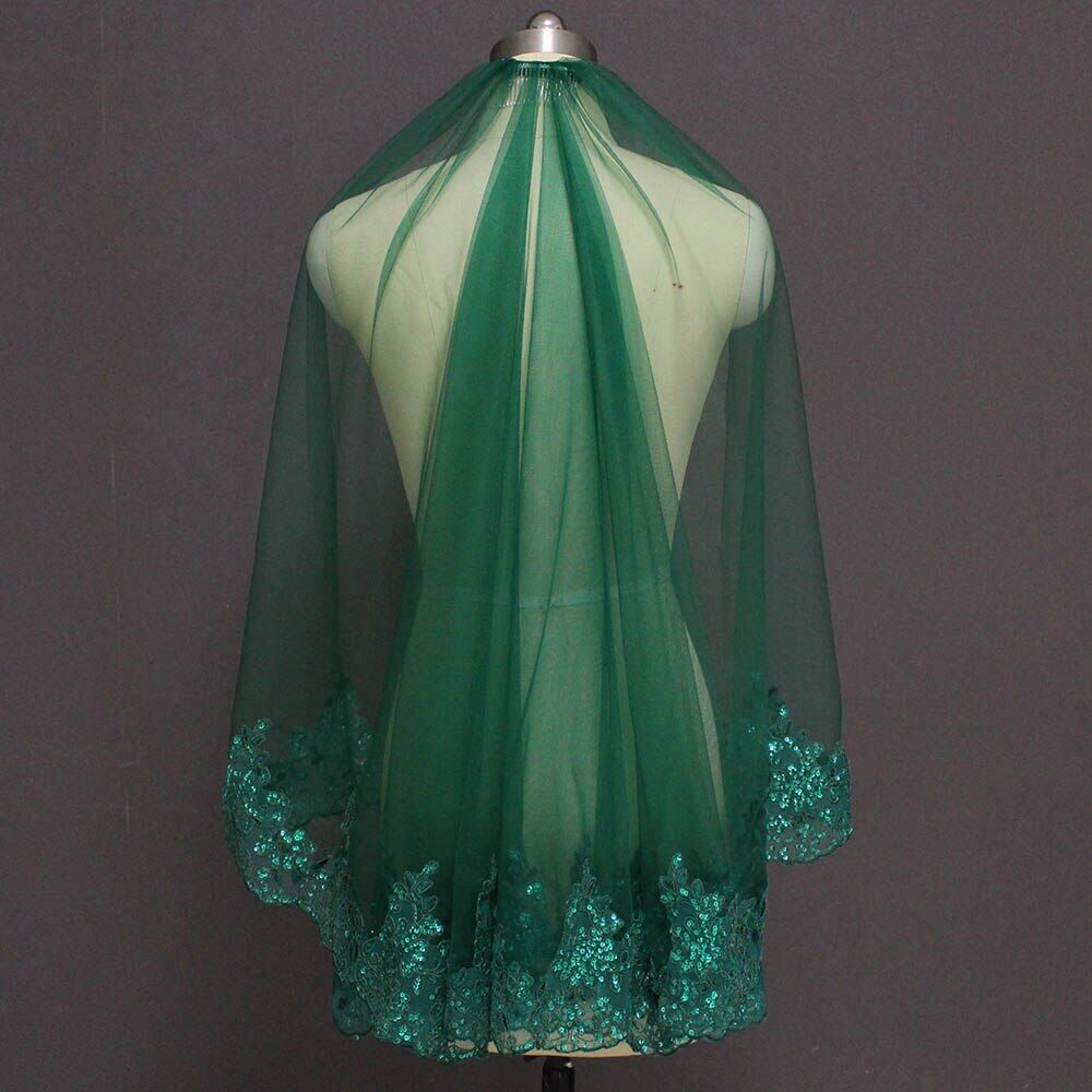 Green Short Wedding Veil Muslim Islamic One Layer Sequins Lace Bridal ...