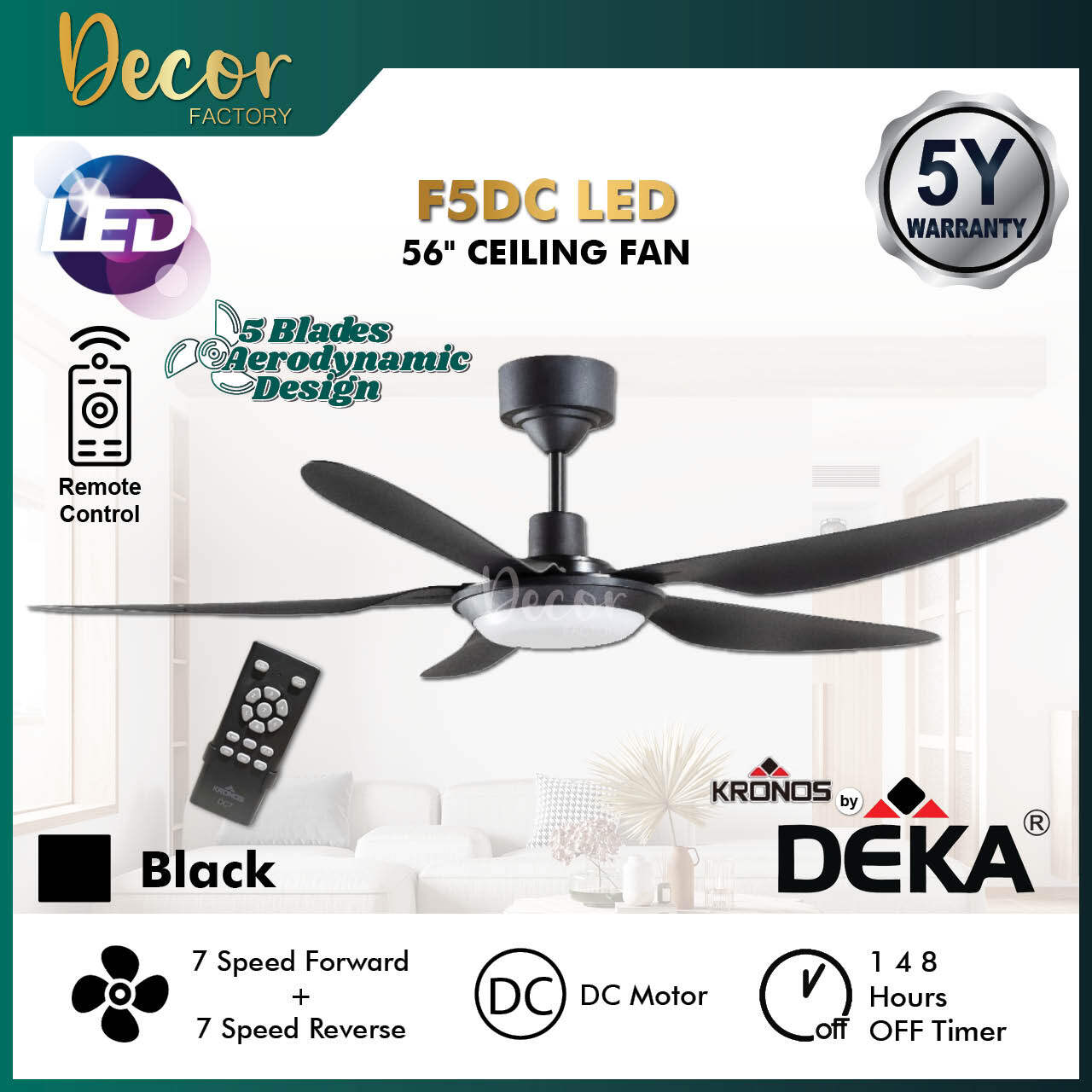DEKA KRONOS F5DCLED 56" 5 Blades 7 Speed Forward+Reverse DC Motor DEKA ...