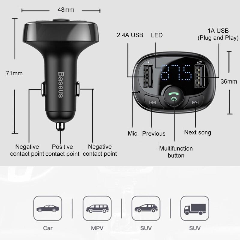 Baseus FM Transmitter ชุดแฮนด์ฟรี Bluetooth Car Kit พร้อมด้วย 3.4A Dual ...