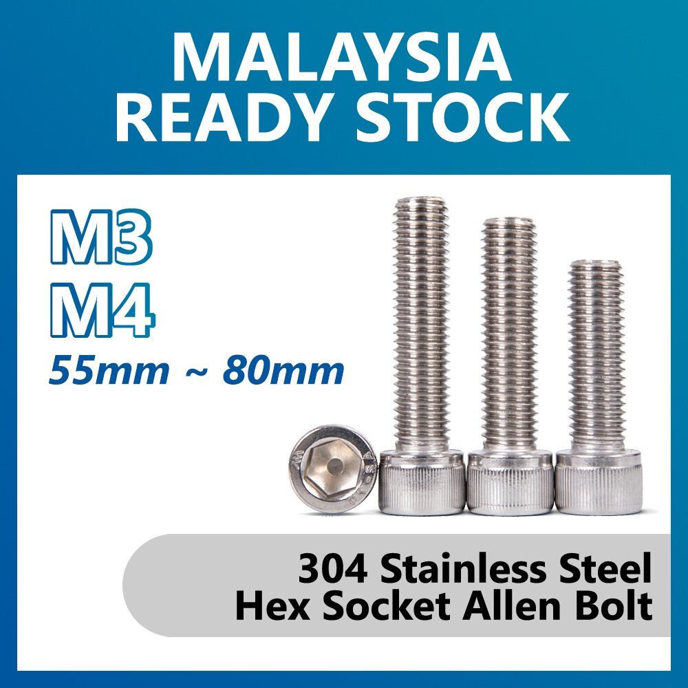 M3 M4 Hex Socket Cap Head Screws 304 Stainless Steel 55mm~80mm SHINY ...