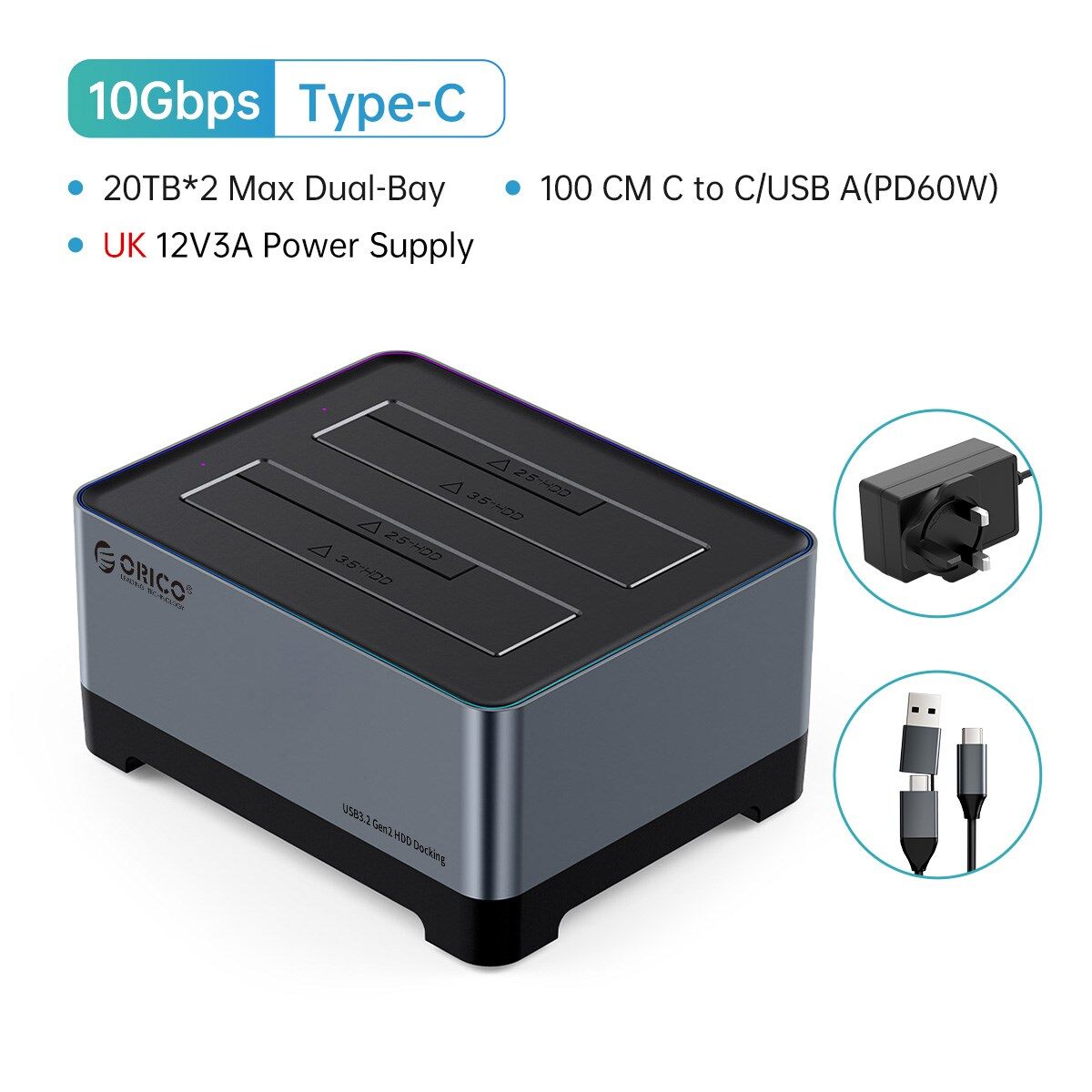 ORICO RGB HDD Docking Station Type-C อลูมิเนียม2.5/3.5นิ้ว HDD Case RGB ...