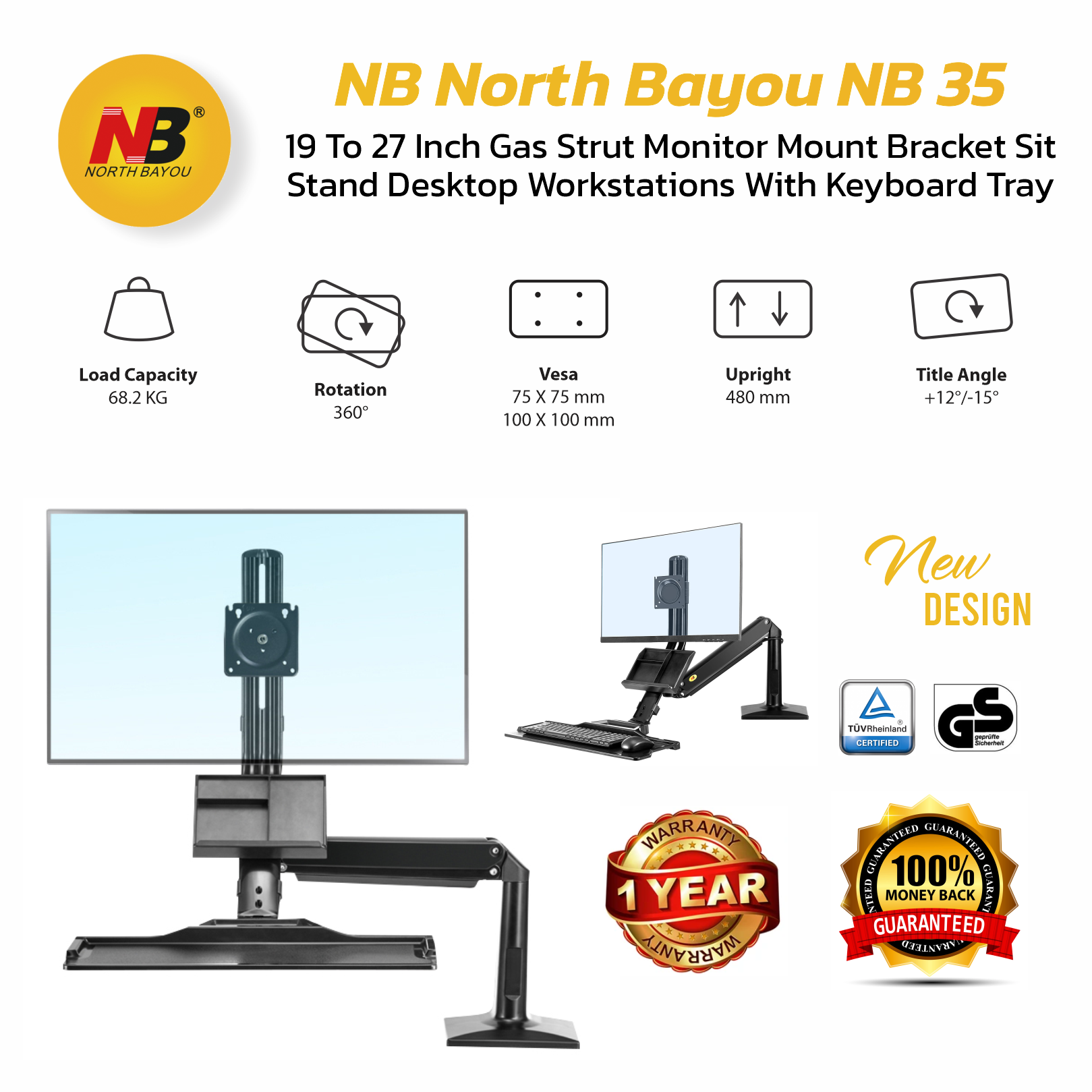 NB NORTH BAYOU NB35 19 To 27 Inch Gas Strut Monitor Mount Bracket Sit ...