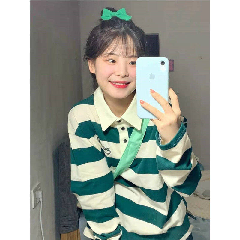 Coconi เสื้อโปโลลายทางน่ารักเสื้อผู้หญิงสไตล์เกาหลีใหม่แขนยาวหลวมเสื้อ