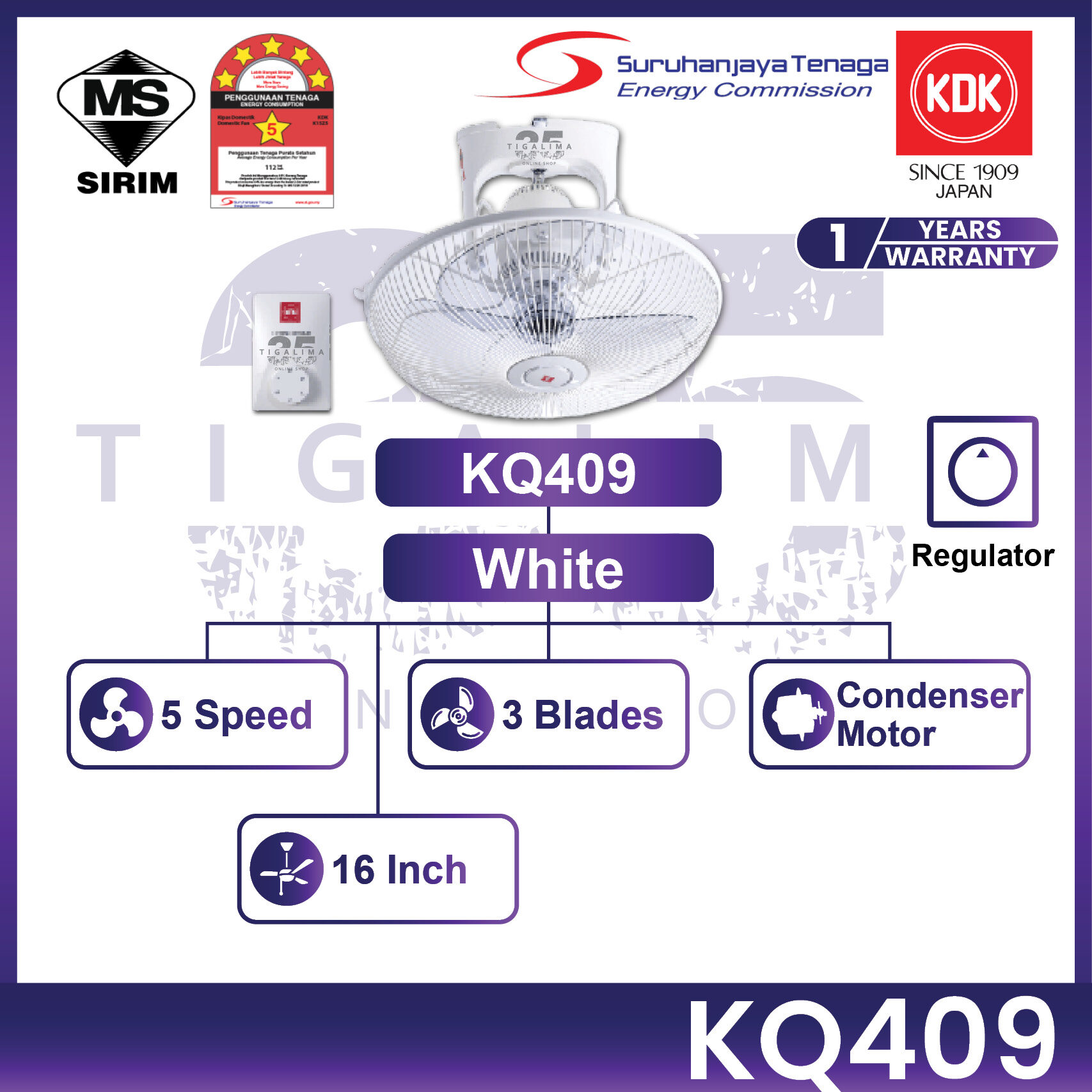 KDK Fan KQ409 16Inch / EVERWind Fan EV-AF91 16Inch 3 Blades Electronic ...