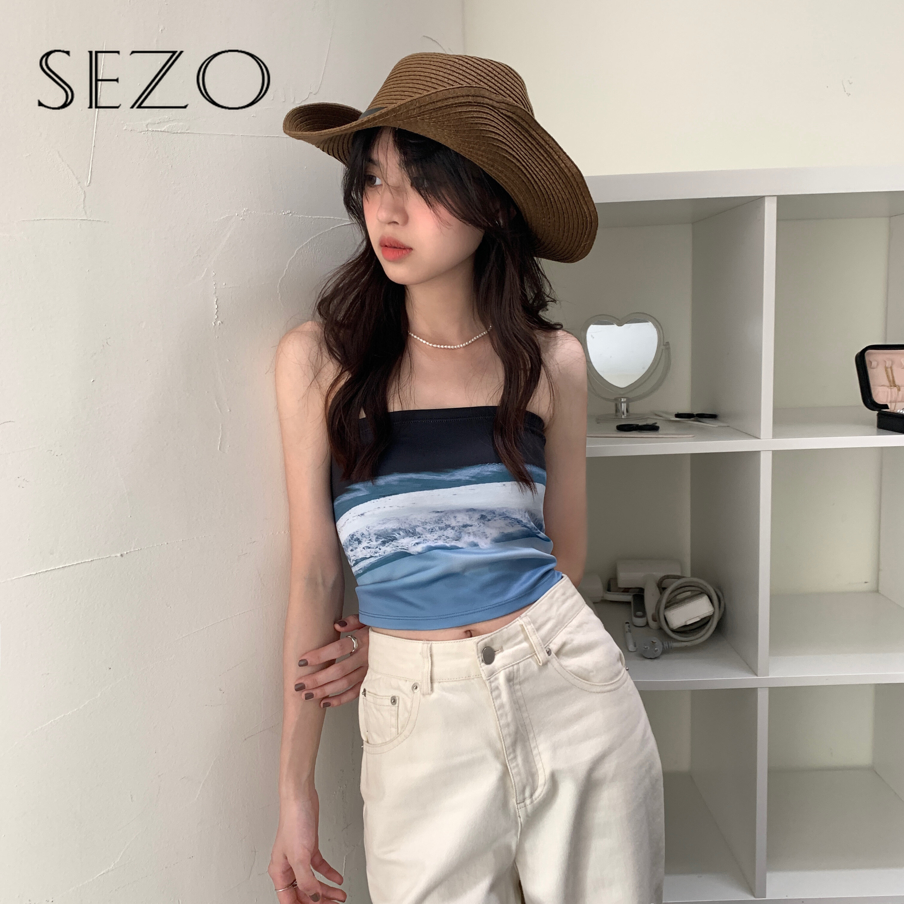 SEZO เสื้อครอปเวอร์ชันเกาหลีของผู้หญิง,เสื้อทรงสั้นยืดพิมพ์ลายไร้สายทรง ...