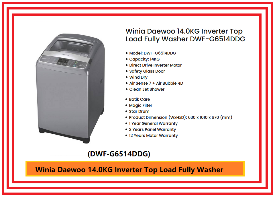 Winia Daewoo 14.0KG Inverter Top Load Fully Washer DWF-G6514DDG | Lazada