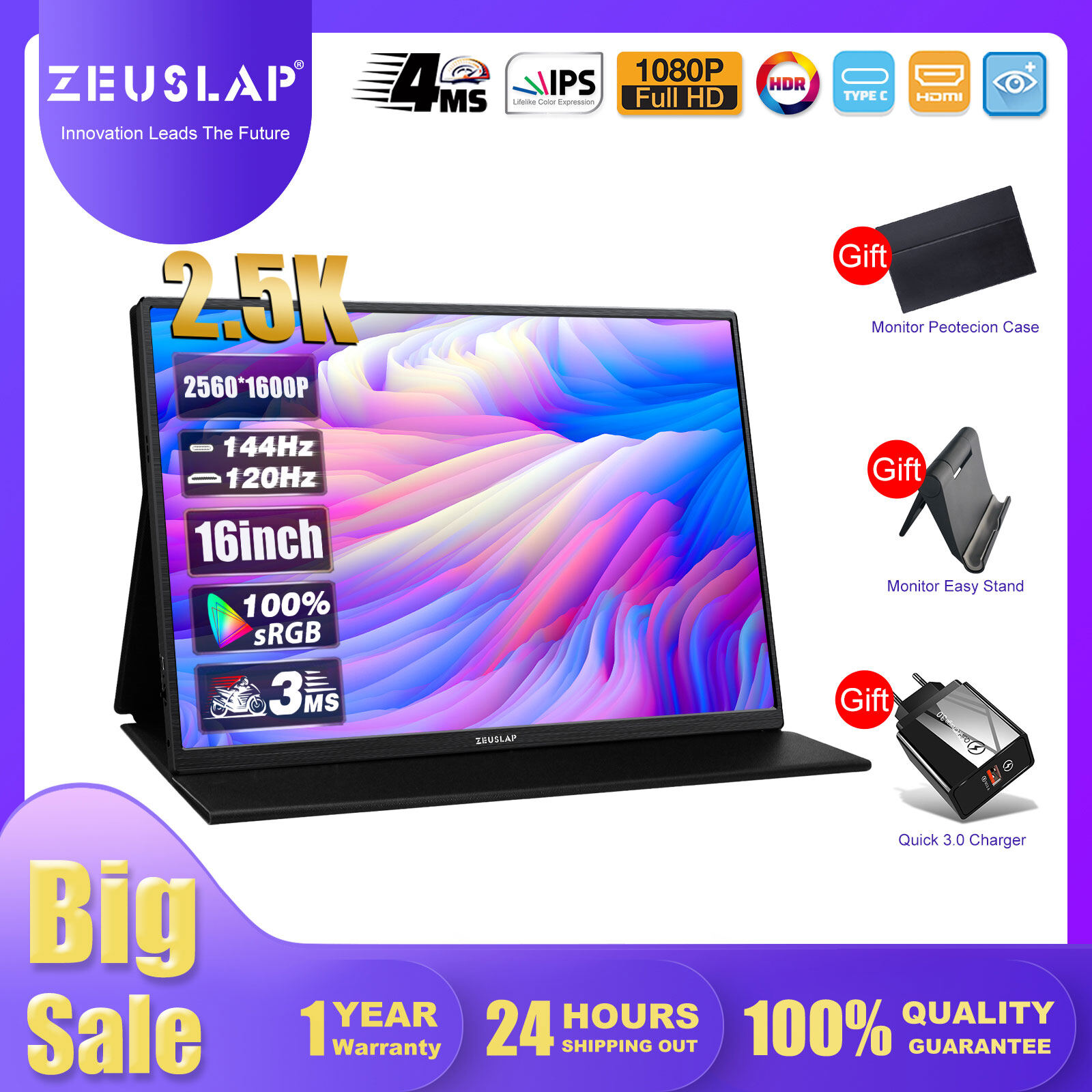 ZEUSLAP 16" 2.5K 144Hz Portable Monitor 2560*1600 16:10 100%sRGB 500Cd ...