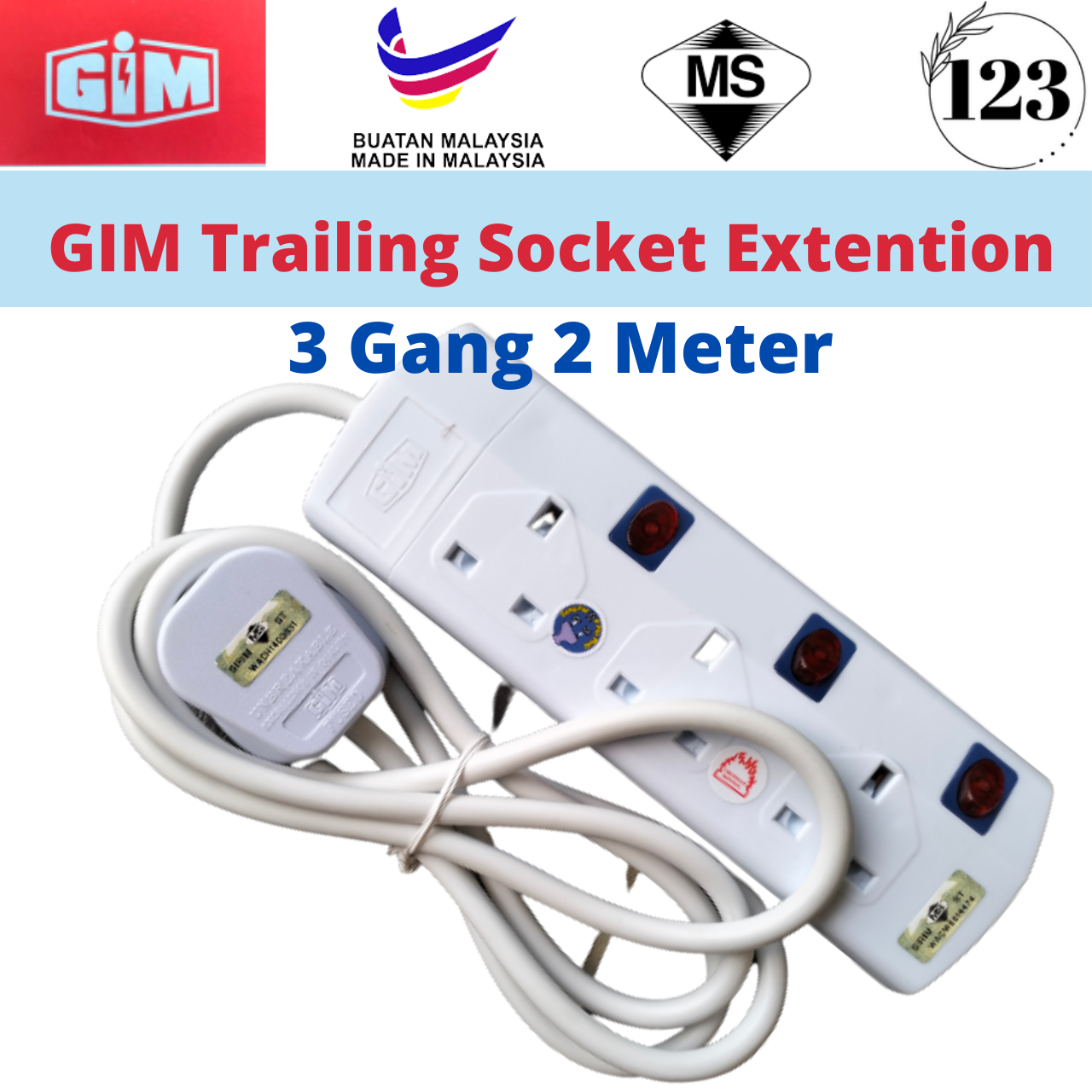 Gim Trailing Socket 3 Gang 2m Extension W Neon Plug Adaptor [sirim Approved] Lazada