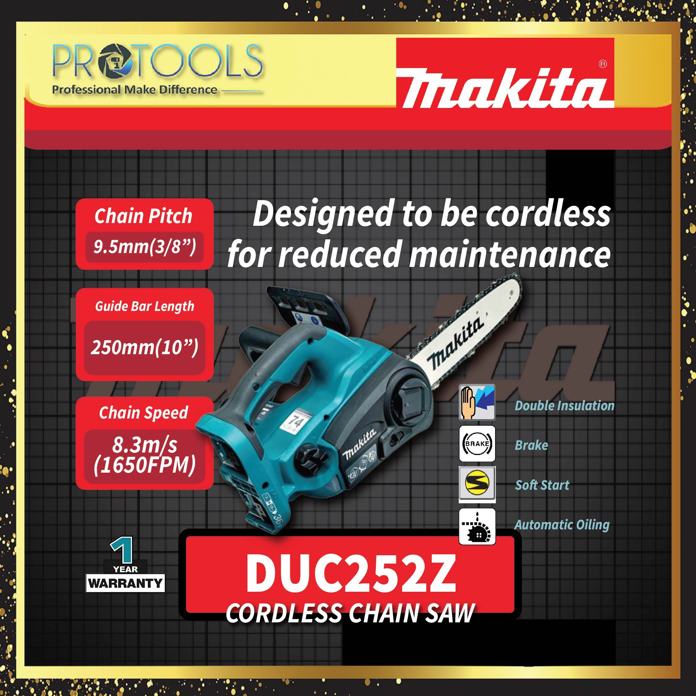 MAKITA CORDLESS CHAIN SAW DUC252Z / DUC252PM4 | 18VX2 | 250MM (10") [MAKITA CHAINSAW] | Lazada