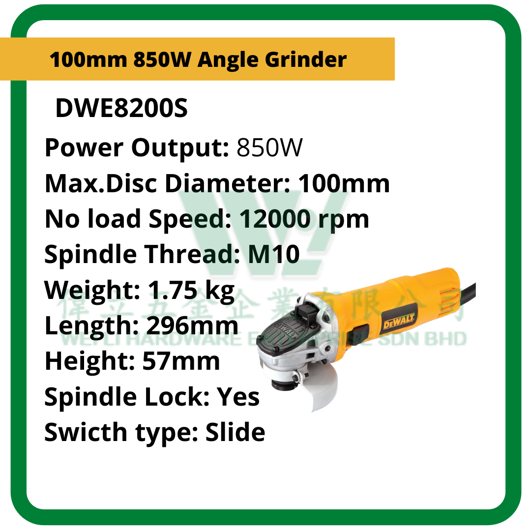 Dewalt DWE8200S 100mm 850W Slide Switch SAG 4" Angle Grinder / dwe8200 ...