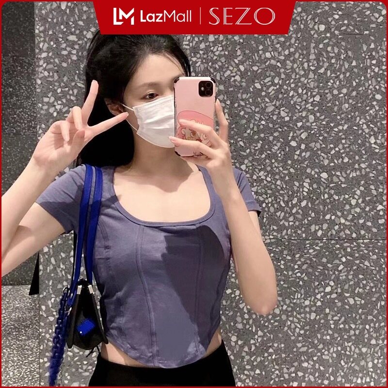 SEZO เสื้อยืดแขนสั้นสำหรับผู้หญิง,รุ่นเกาหลีย้อนยุคคอสี่เหลี่ยม ...