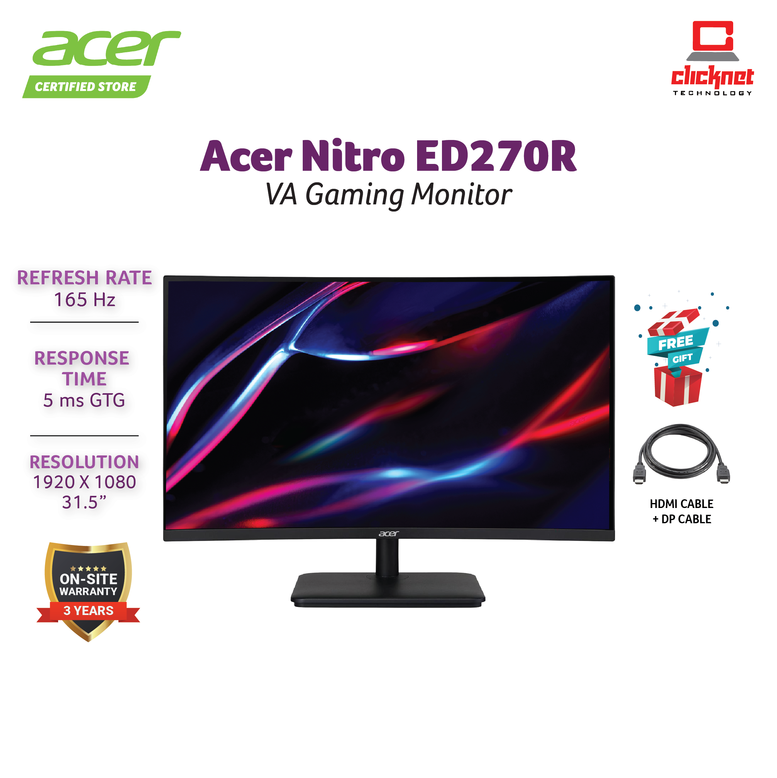 Acer Nitro ED270R PBIIPX Curved LED Gaming Monitor (27" FHD/1920 x 1080 ...