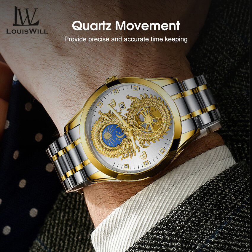 LouisWill Men S Fashion Watch Golden Dragon Sun Moon Star Watch With ...