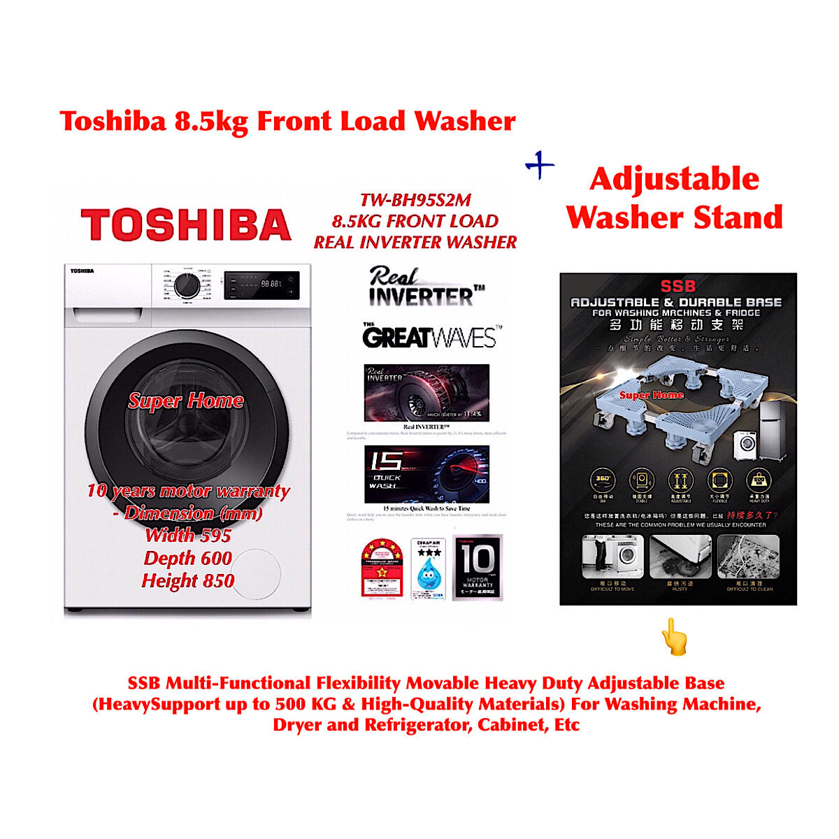 Toshiba Washing Machine TW-BH95S2M The Great Waves 8.5kg Front Load REAL INVERTER Washing ...