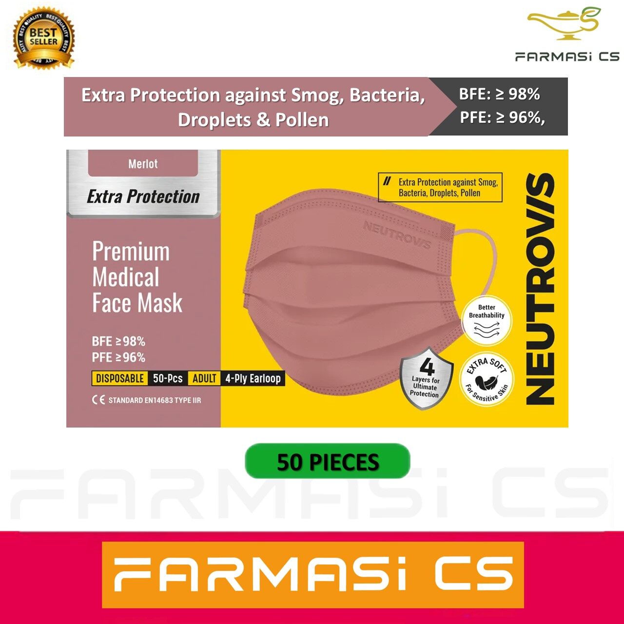 Neutrovis 4 PLY Ear Loop Premium Medical Face Mask ( 1 box ) 50 pieces ...