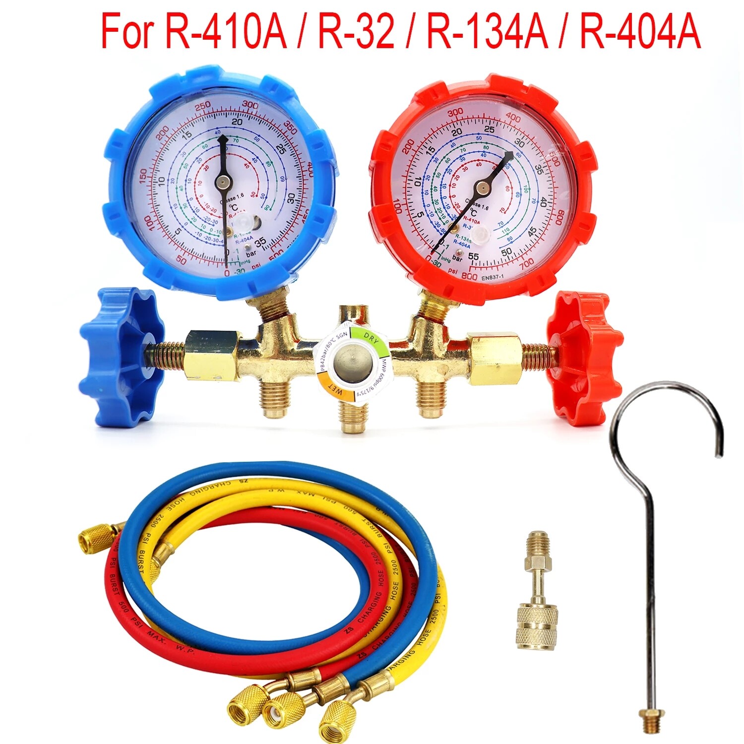 ALi Manifold Gauge R134a R32 R410a R22 R12 R404a Gas Meter + 3 Pcs Hose Aircond Penyaman Udara ...