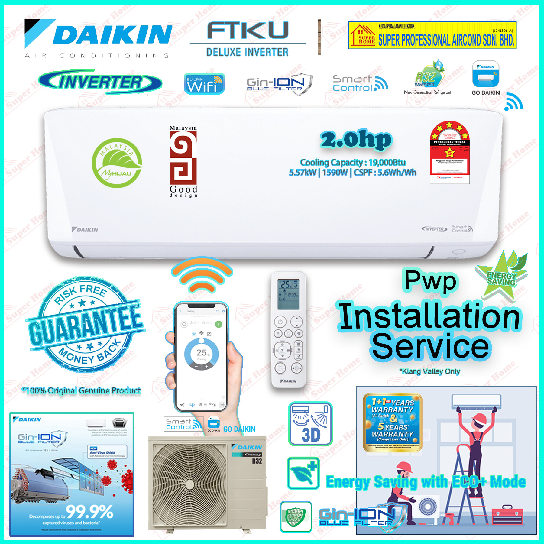 Save4.0 ((Pwp Installation)) Daikin FTKU Series 2.0hp Deluxe Inverter ...