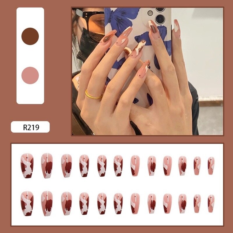 We Flower Ins Trendy Coffee Dairy Artificial Nail for Women Chic False Fake Nails DIY Manicure ...