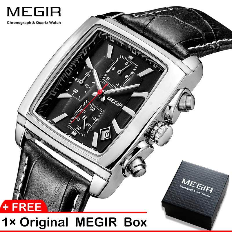 Megir 2028 บุรุษโครโนกราฟนาฬิกาข้อมือส่องสว่างทหารสายหนังนาฬิกาควอทซ์อะ ...