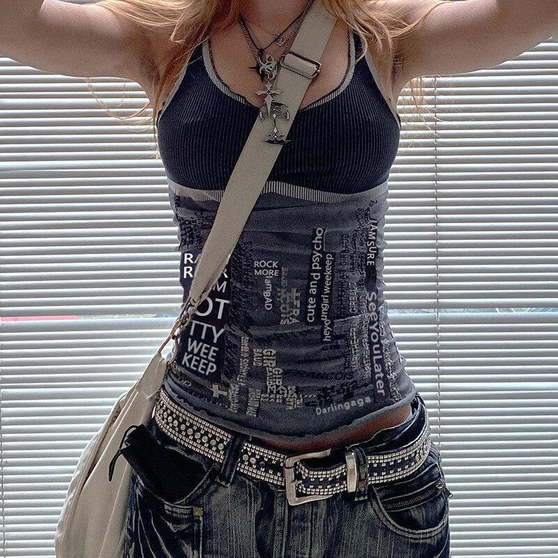 Simon Y2k พิมพ์ Tank Tops Punk น่ารัก Mini เสื้อกั๊กผู้หญิง Goth สีดำ ...