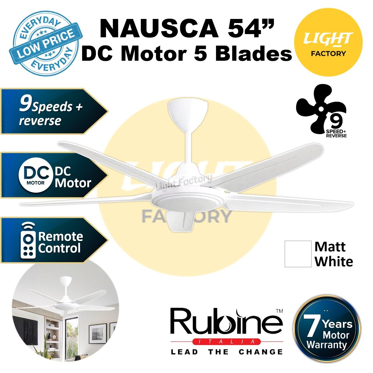 🔥SIRIM🔥 NEW MODEL RUBINE NAUSCA 54" 5 Blades DC Motor 9 Speed + Positive Reversal Remote Control ...