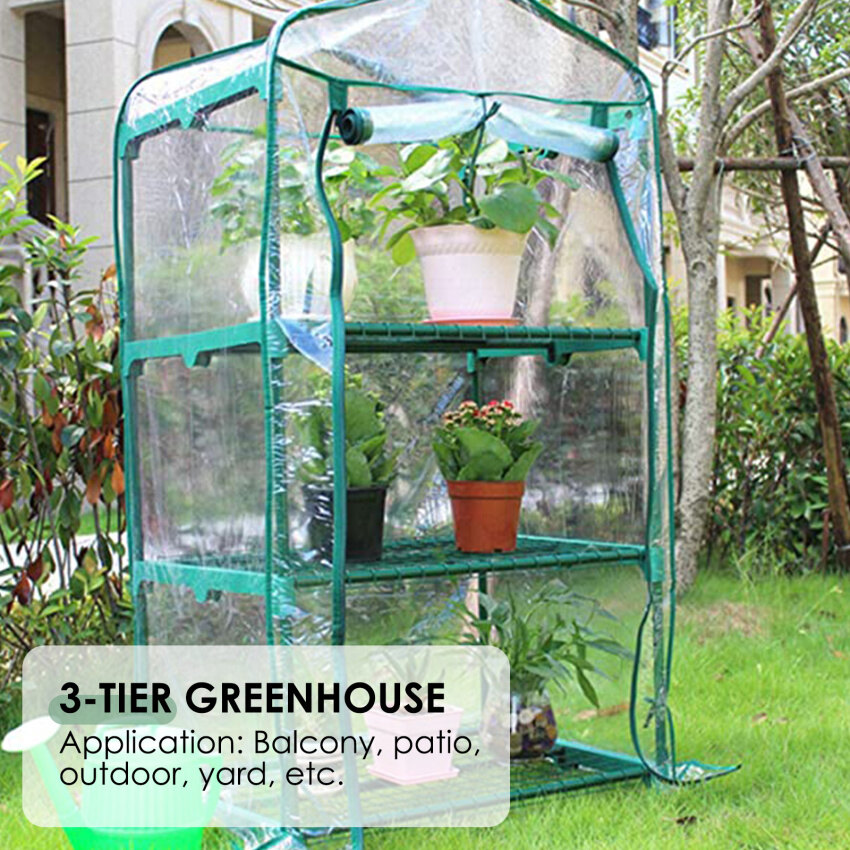 4/3ชั้น Mini เรือนกระจกแบบพกพา Plant Grow Shed กรอบโลหะฝาครอบสีเขียว ...